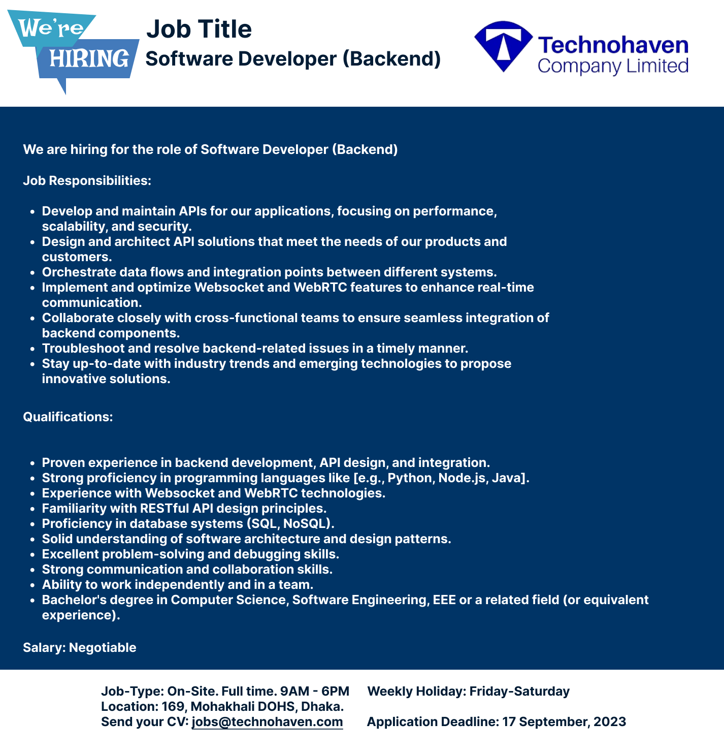 Technohaven Company is hiring for the role of Software Developer (Backend)